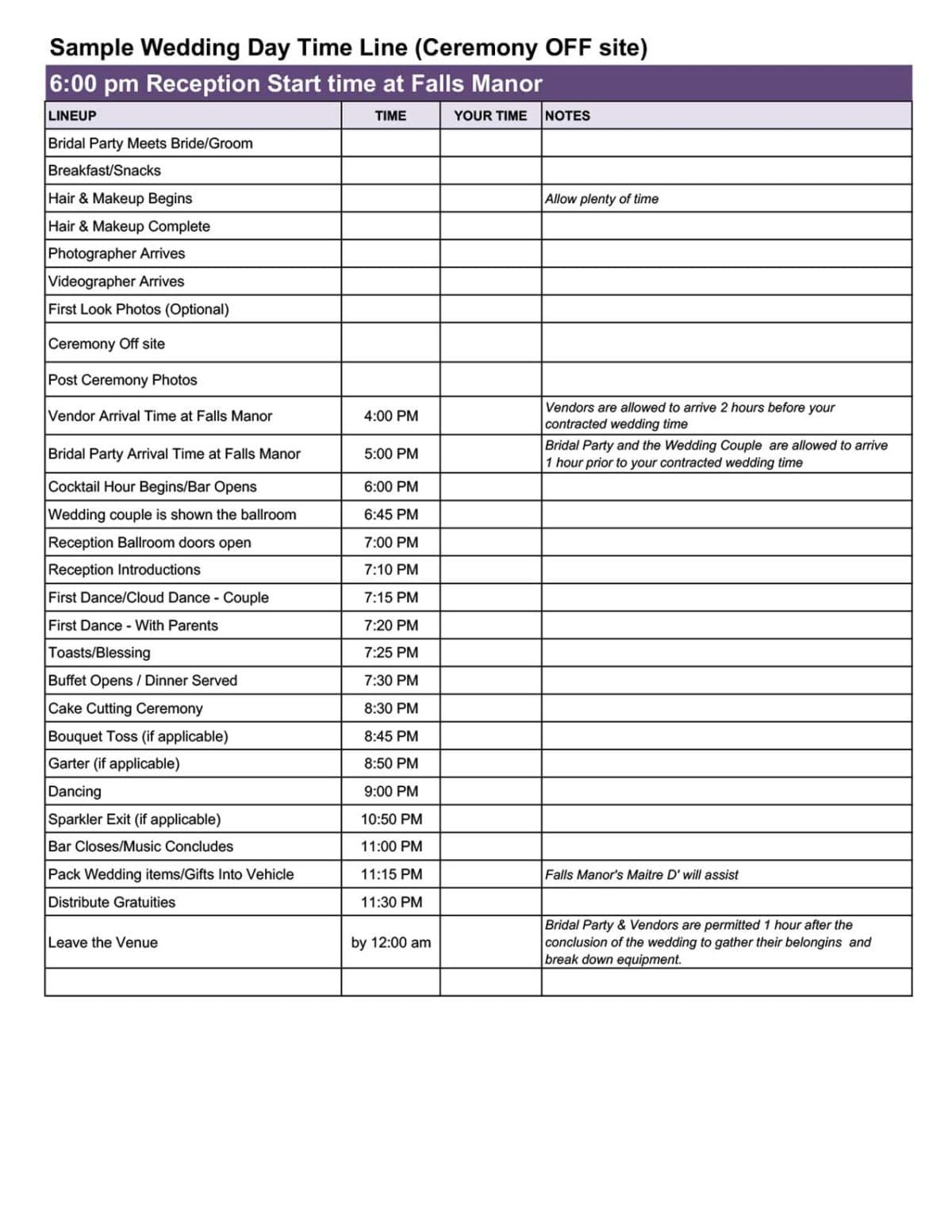 Wedding Day Timelines - Falls Manor Catering